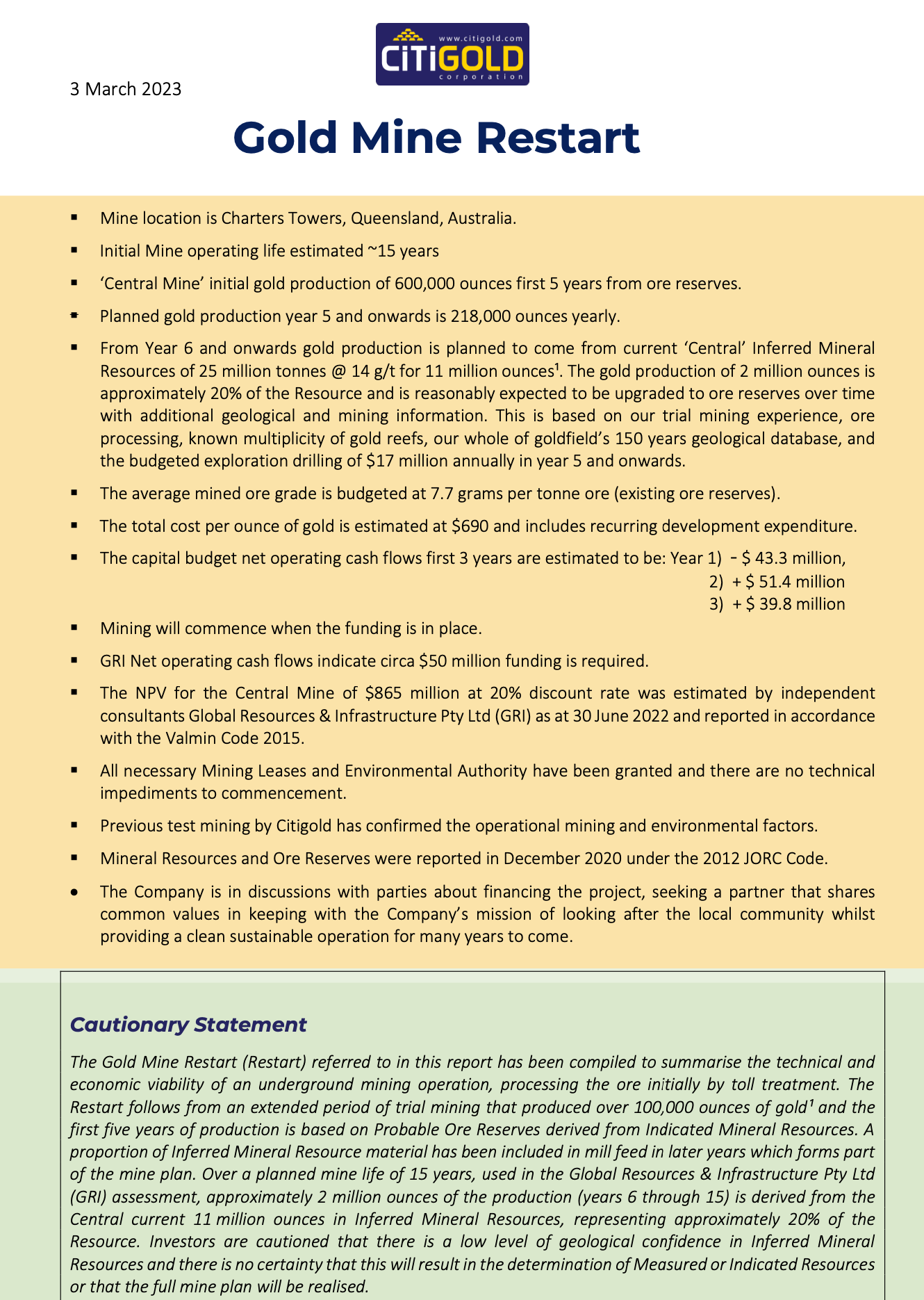 Citigold Corporation | Restarting a World Class Gold Mine.